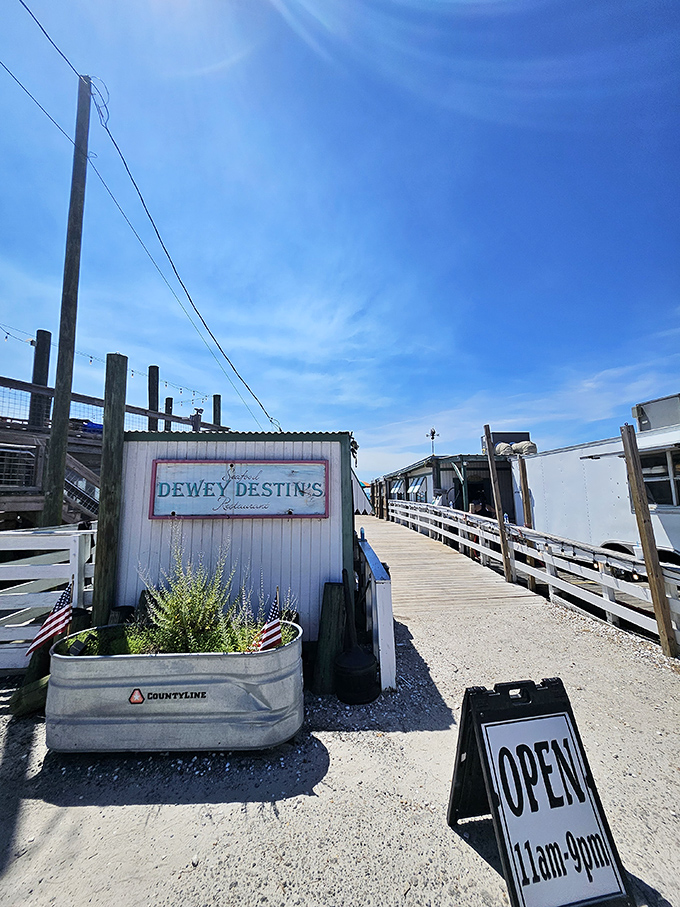 The journey begins here! Dewey Destin's wooden walkway leads to seafood nirvana, where the catch of the day was swimming this morning.