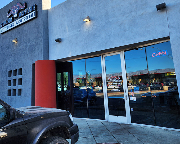 Divine Bovine's sleek exterior hides a burger paradise within. Modern on the outside, timeless deliciousness on the inside.