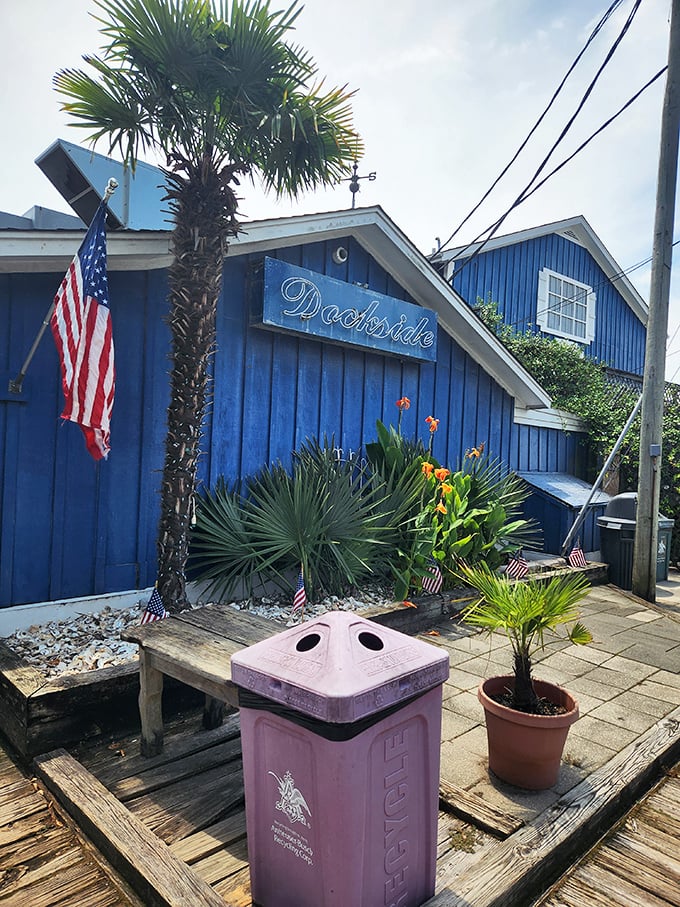 Dockside's brilliant blue exterior is as bold as their seafood flavors. That American flag isn't just patriotic&mdash;it's waving you in!