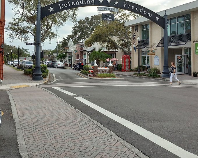 Gateway to freedom! Dunedin's military tribute arch welcomes visitors to a downtown where charm and affordability go hand in hand.