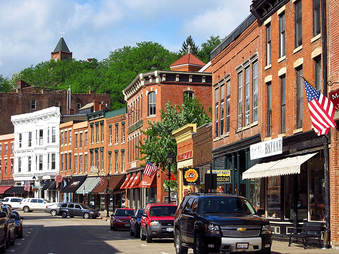 Galena's colorful storefronts invite you to slow down and enjoy outdoor dining beneath trees that provide perfect dappled shade on sunny afternoons.