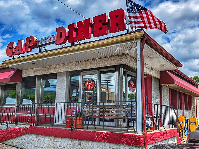 The Gap Diner stands proud with its American flag, like a patriotic monument to the sacred art of short-order cooking and bottomless coffee.