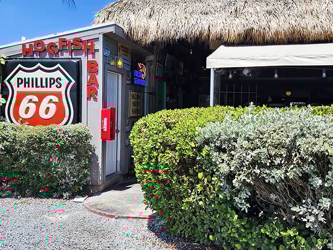 Under that tiki roof and behind that vintage sign lies hogfish so fresh it might still be surprised about its situation.