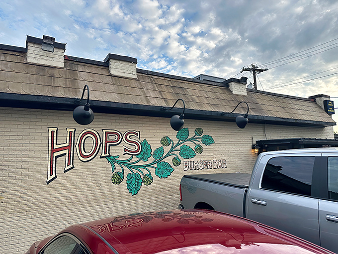 Hops Burger Bar wears its passion on its wall. Those painted hop vines promise craft beer's perfect burger companion.