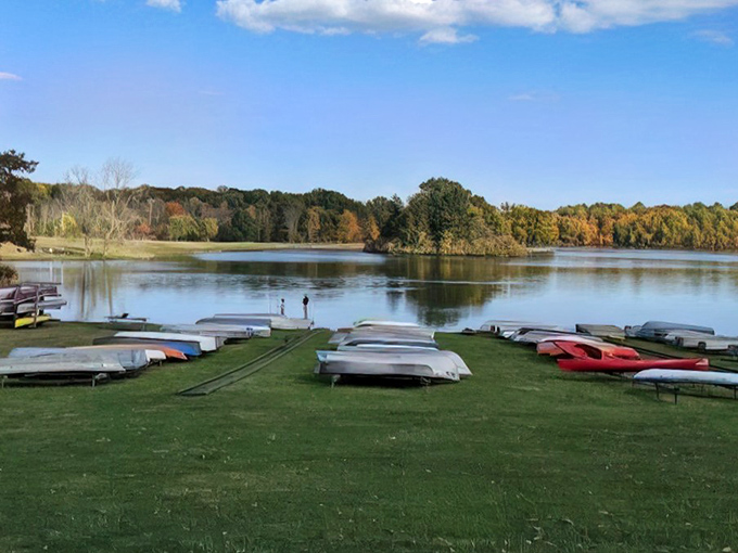 Autumn's golden hour hits different when you're floating peacefully on glass-smooth water surrounded by painted trees.