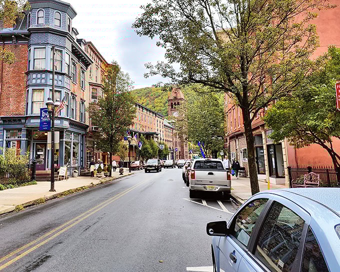 Jim Thorpe's colorful row houses look like they're playing a game of historic one-upmanship. "My turret's fancier than yours!"