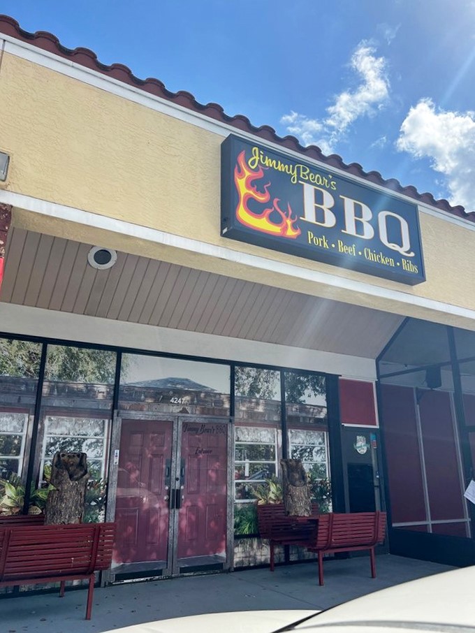 Jimmy Bear's BBQ sign promises the holy trinity of barbecue – pork, beef, and chicken – all under one roof.