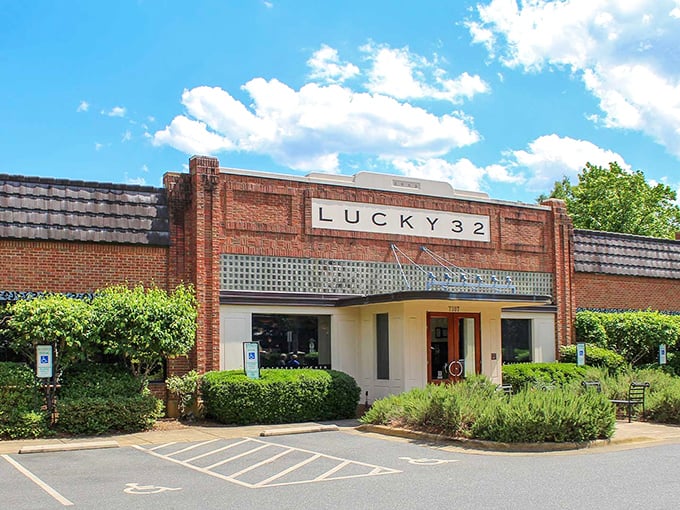 Lucky 32's brick facade stands proud against Carolina blue skies &ndash; a temple to Southern cooking where chicken prayers are answered daily.