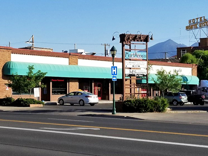 MartAnne's turquoise awning stands out in historic Flagstaff like a delicious beacon of breakfast hope.