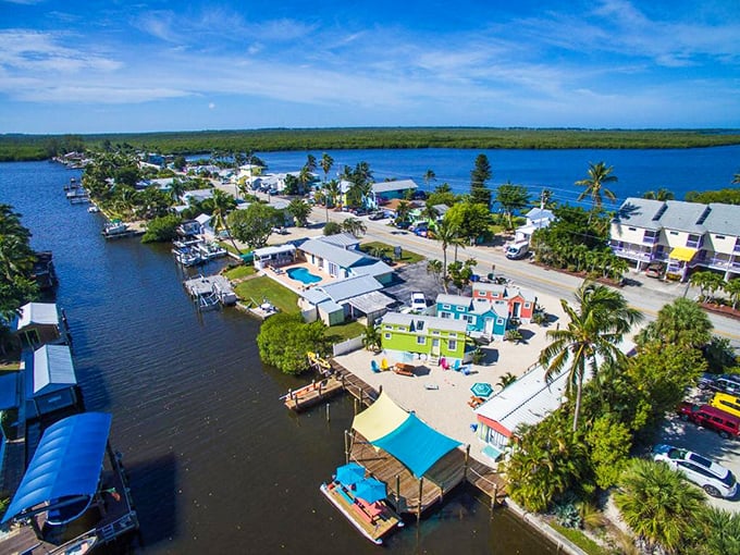 Colorful waterfront homes in Matlacha create a painter's palette along the canal. Florida's funkiest fishing village.