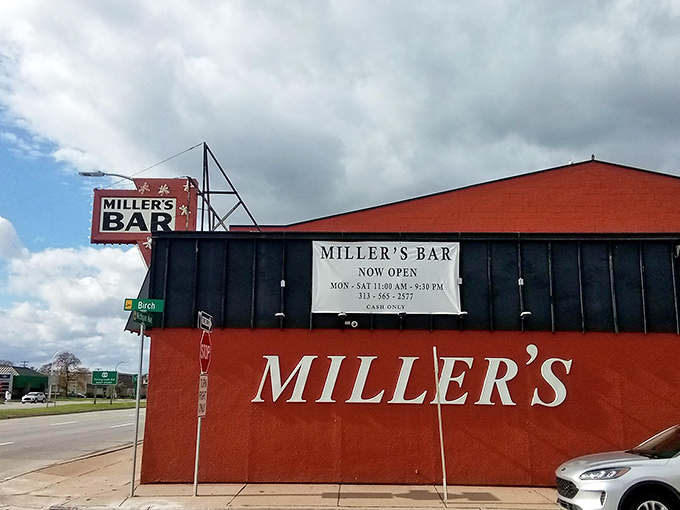 Miller's Bar's bold red exterior is like a matador's cape, daring you to take on their legendary burgers.
