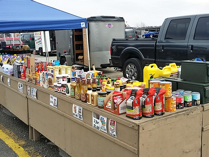 Blue tent city of bargains! From mustard to motor oil, these outdoor tables offer everyday essentials at prices that'll make your wallet smile.