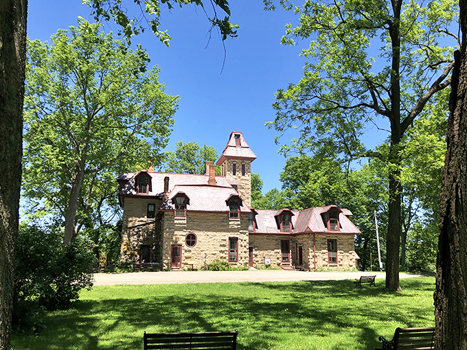 Mac-A-Cheek stands proudly against blue Ohio skies. Limestone towers that would make any European castle jealous.