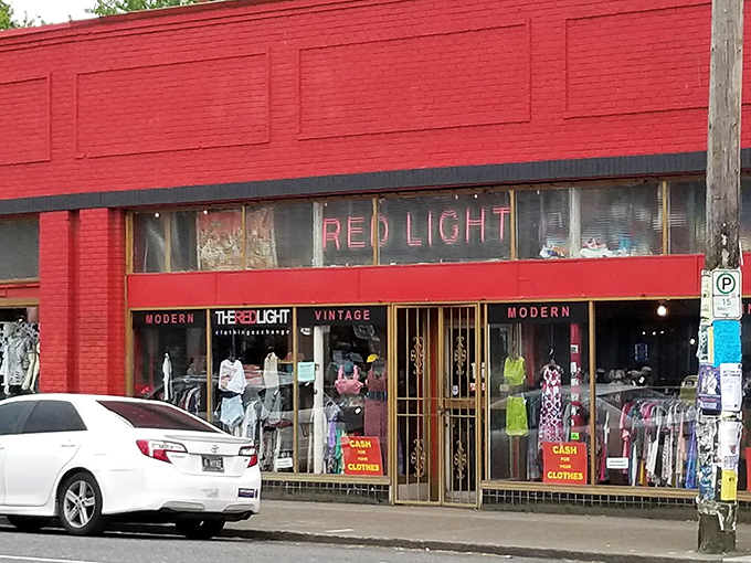 That bold red storefront isn't just a building - it's a beacon for vintage fashion lovers on Portland's eclectic Hawthorne Boulevard.