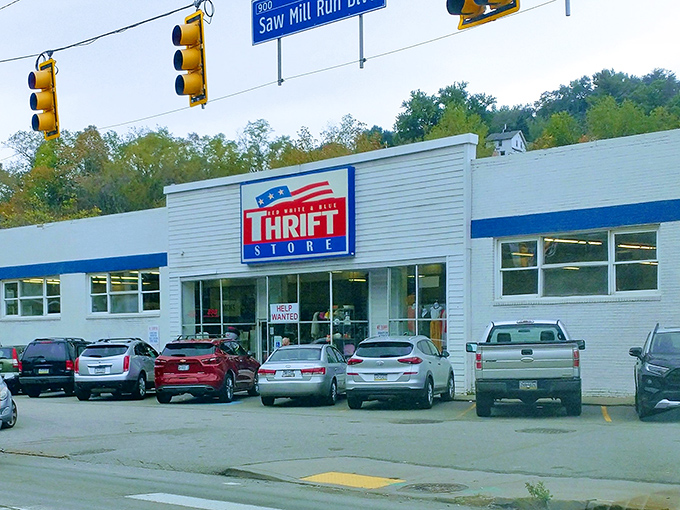 The Red White & Blue sign shines like a beacon for Pittsburgh's savvy shoppers looking to stretch their dollars.