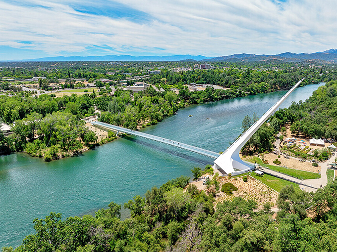 Redding's iconic Sundial Bridge spans the Sacramento River, offering daily walks with million-dollar views on a fixed-income budget.
