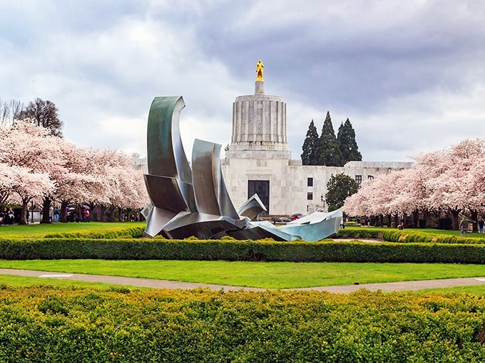 Salem's Capitol building surrounded by cherry blossoms – politics has never looked so pretty!