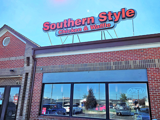 The brick exterior says "business as usual," but inside is a sweet-savory romance between chicken and waffles.