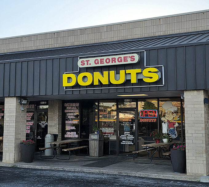 Bold yellow letters that cut to the chase. St. George's doesn't need fancy gimmicks when their donuts speak such delicious volumes.