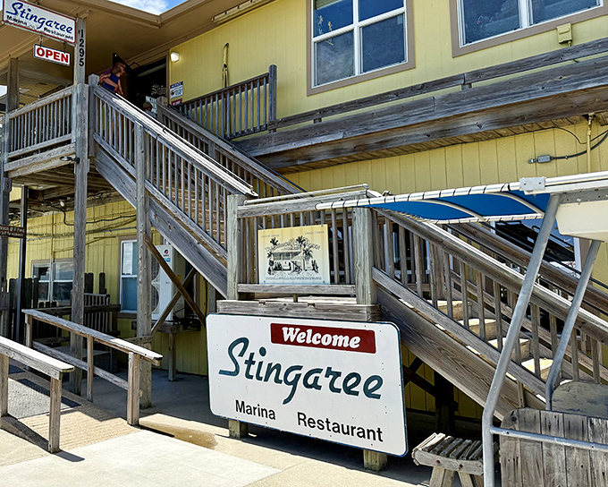 Stingaree's wooden stairway to heaven leads to seafood with a view. Worth every step!