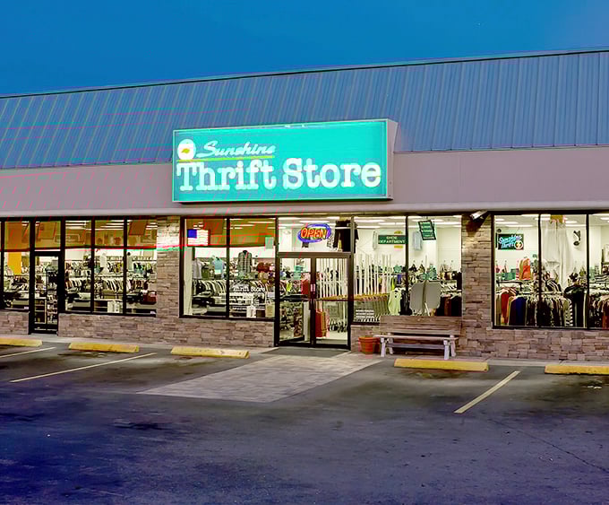 Sunshine Thrift glows like a beacon for bargain hunters, even after sunset. The night shift of amazing deals!