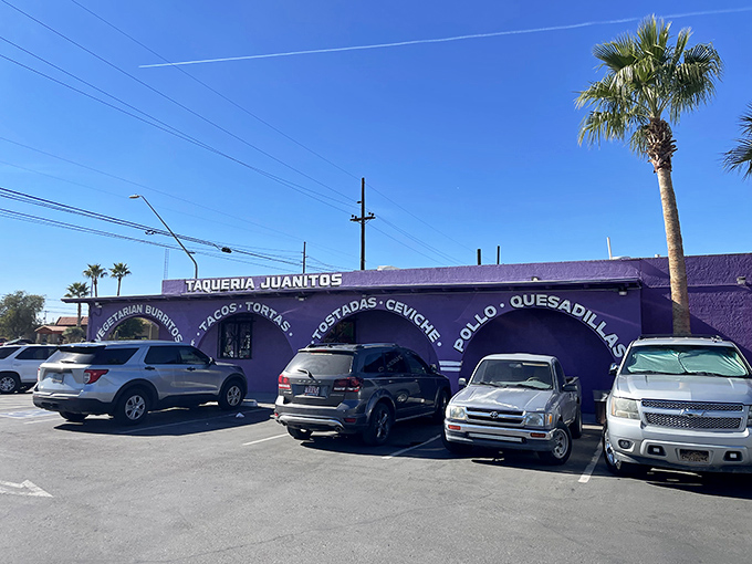 Taquer&iacute;a Juanitos' vibrant purple building brightens the Tucson landscape like a delicious desert mirage. Your burrito oasis awaits!