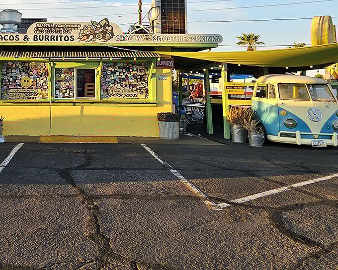 Taco stand meets VW bus heaven! The Beach House's vibrant exterior is like a postcard from a coastal vacation you never knew Arizona could offer.