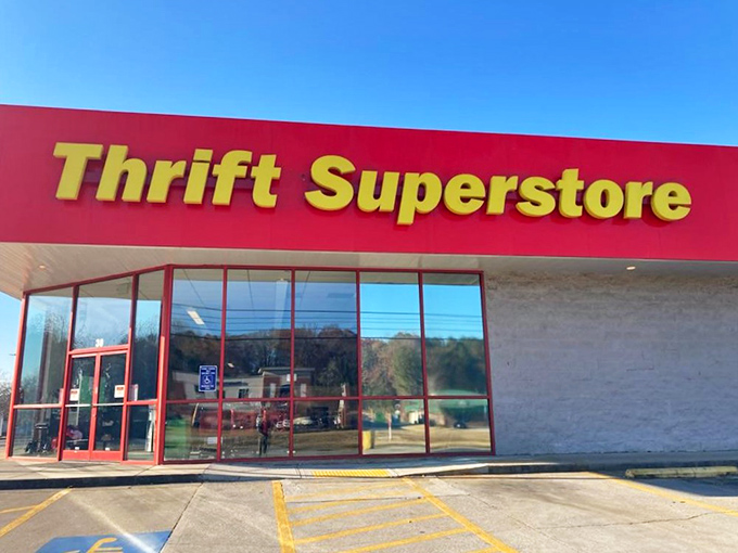 The Thrift Superstore's vibrant red facade promises a shopping adventure that's anything but ordinary.