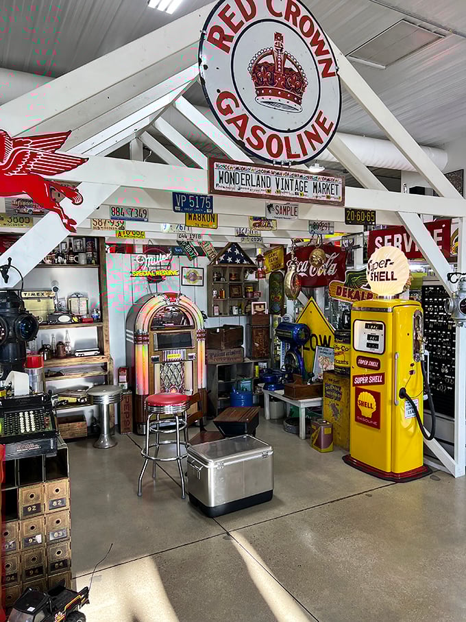 Nostalgia on full throttle! That Red Crown Gasoline sign probably witnessed the first Model T driving through town.