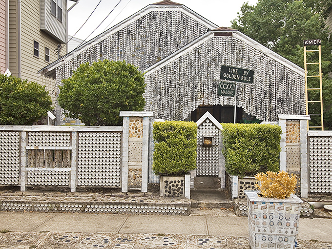 The house that beer built. Thousands of aluminum cans create a tinkling symphony when the Texas breeze blows through.
