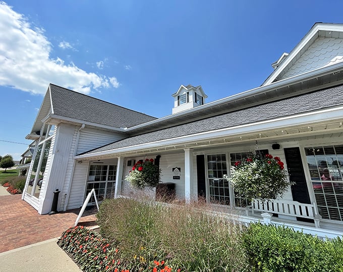 The impressive white exterior of Berlin Farmstead Restaurant stands ready to welcome hungry visitors with open arms and full plates.