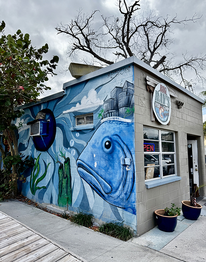 Big fish, small building&mdash;the perfect inverse relationship. When the exterior sports a fish this size, the sandwich inside must be serious business.