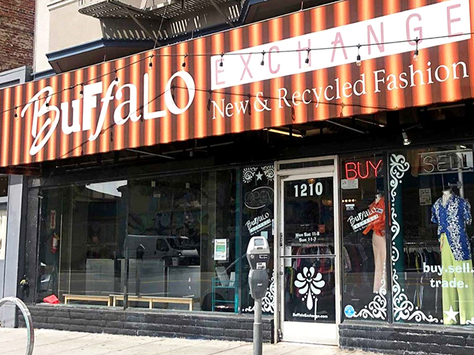 The "Buy, Sell, Trade" promise glows in the window. Buffalo Exchange isn't just shopping&mdash;it's fashion recycling with attitude.