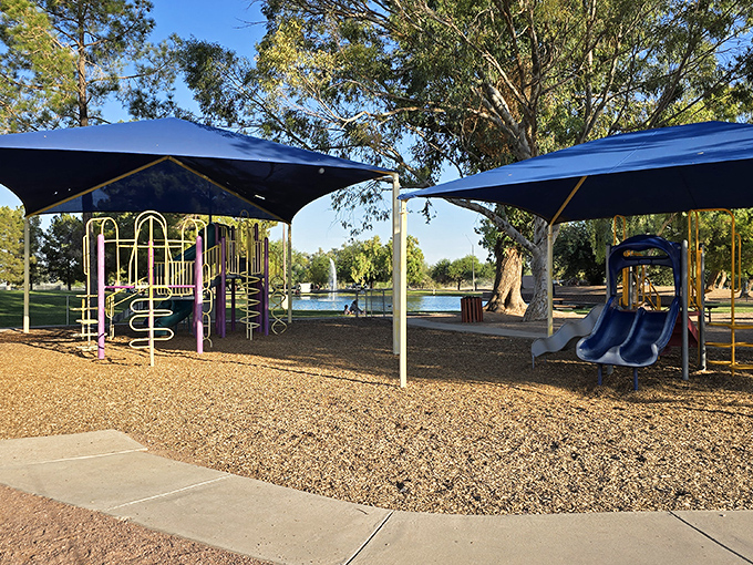 Playground equipment stands ready for action under the watchful shade of desert trees - Casa Grande's version of natural air conditioning!
