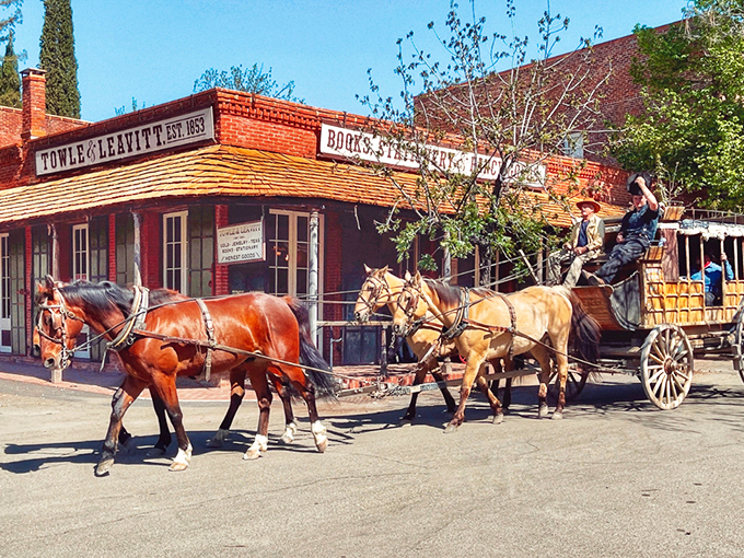 The historic heart of Columbia State Historic Park maintains its 1850s character, right down to the wooden sidewalks and hitching posts.