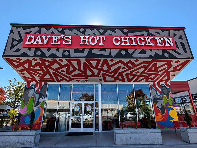 The bold, artistic exterior of Dave's is like a warning sign: prepare for chicken that's as colorful as its building!