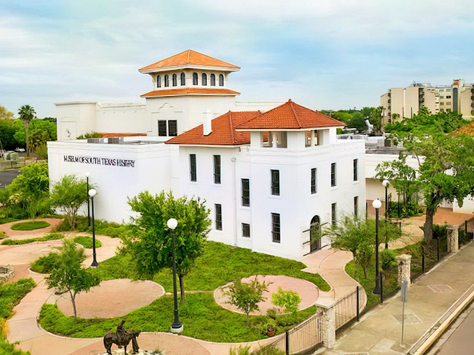 The Museum of South Texas History gleams white against the blue sky, like a wedding cake that decided to preserve cultural treasures.