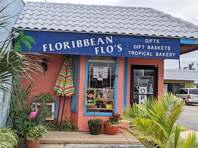 Floribbean Flo's coral-colored storefront brings Caribbean flair to Sarasota's bakery scene, complete with flamingo sentries.