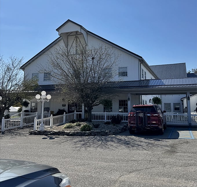 Gasthof Amish Village: Morning light catches this white farmhouse-style restaurant where calories don't count and stretchy pants are the unofficial dress code.