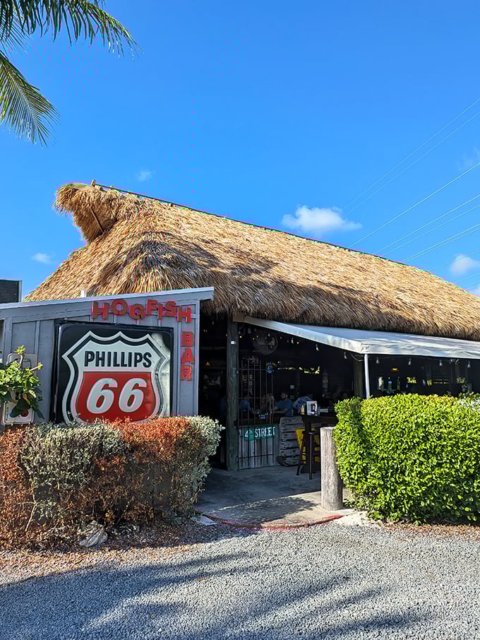 The thatched roof keeps the sun off while you devour seafood that never saw the inside of a freezer.