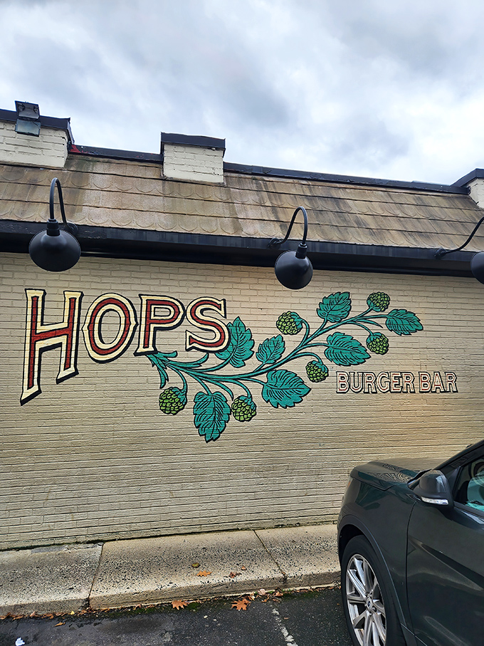 Cream-colored brick and verdant hop art. Hops Burger Bar's exterior is like a handwritten invitation to burger paradise.