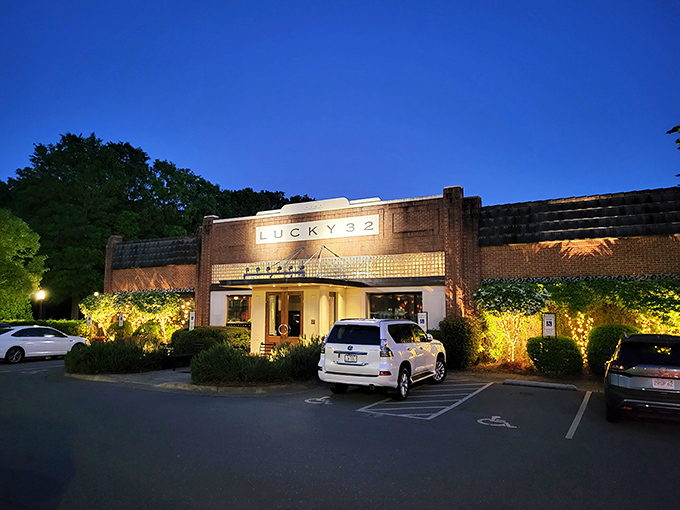 Evening transforms Lucky 32 into a glowing sanctuary of comfort food. Those warm lights promise chicken worth dressing up for.