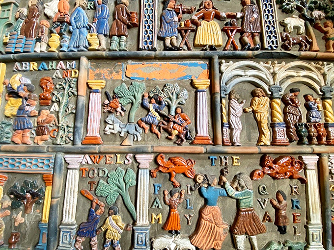 These colorful folk art tiles tell Bible stories with charming simplicity. Medieval-style storytelling for the pre-Netflix era!