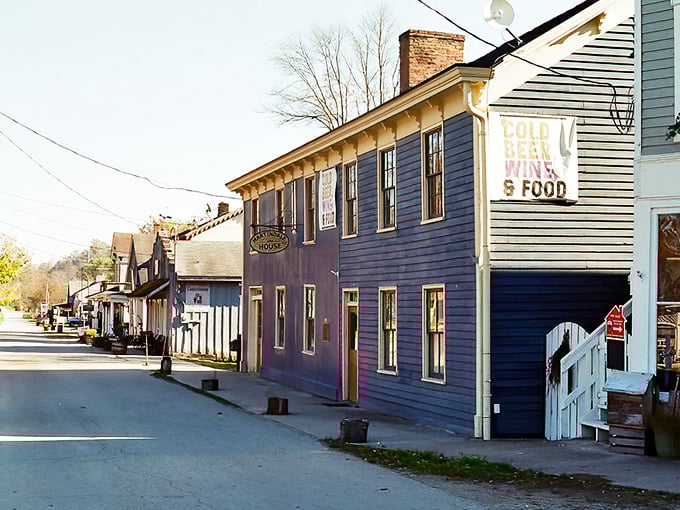 These weathered buildings have watched countless seasons change along the old Whitewater Canal.