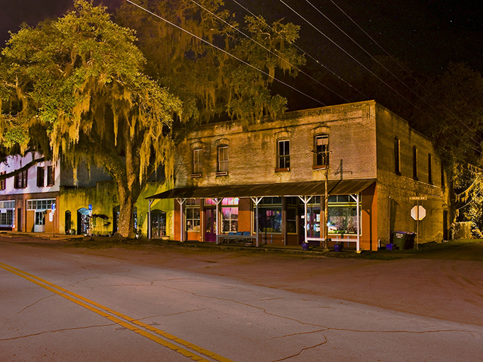 Spanish moss drapes over Micanopy after sunset, creating the perfect backdrop for ghost stories and midnight strolls.