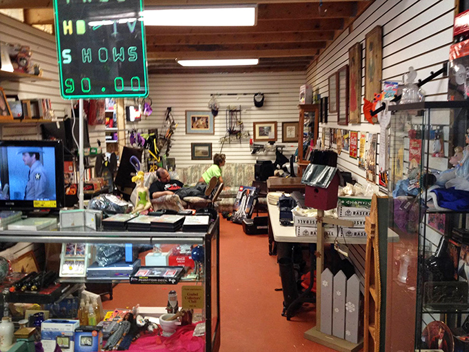 This cozy corner of nostalgia invites you to sit a spell while vintage treasures compete for your attention.