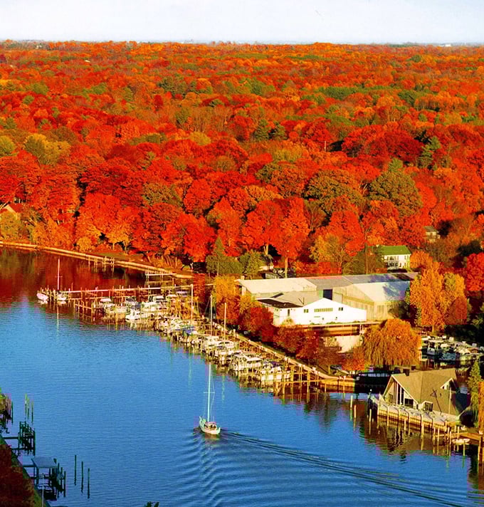 Like a blue ribbon, the Kalamazoo River winds through downtown Saugatuck, stitching together the brilliant colors and lakeside charm of this autumn haven.