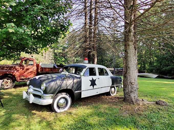 Schaefer's Auto Art: The vintage police cruiser that retired to become a lawn ornament. Speeding tickets are no longer issued, but double-takes are mandatory!