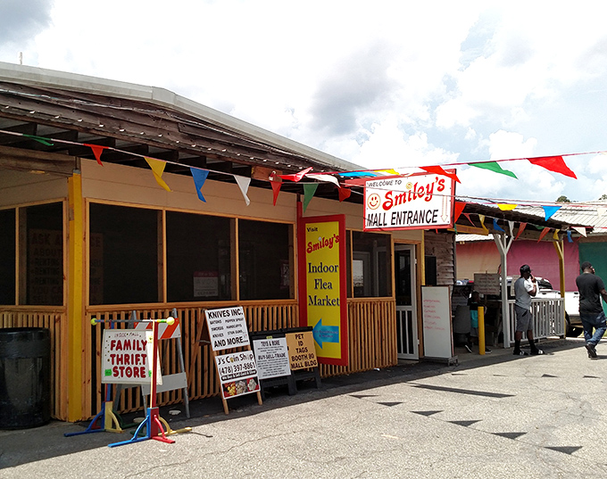 Colorful banners and cheerful signage at Smiley's entrance&mdash;like a carnival for your shopping senses where every booth offers a new surprise.