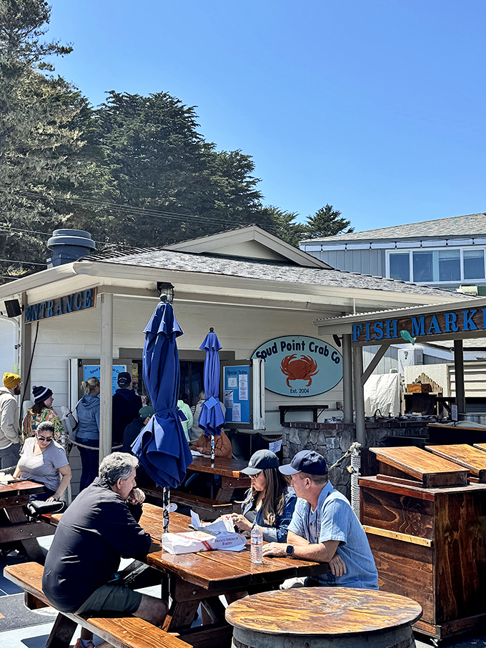 The outdoor seating at Spud Point offers the perfect backdrop for enjoying chowder while watching fishing boats bring in tomorrow's catch.